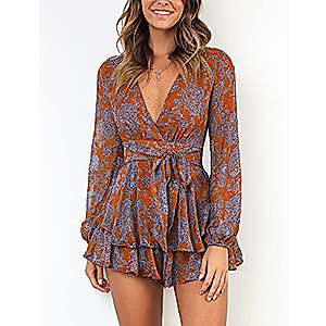 Relipop Women's Jumpsuit Floral Print V Neck Baggy Sleeve Waist Tie Double Layer Ruffle Hem Short Mini Dress Romper
