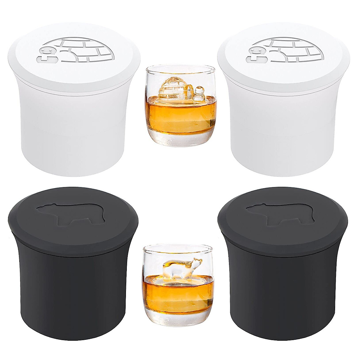 Webake Silicone Individual Ice Mold, 3D Polar Bear Ice Mold Igloo Icehouse Fun Ice Cube Molds with Lid, 4 Pack Round Ice Ball Molds for Whiskey, Cocktails and Juice Beverages