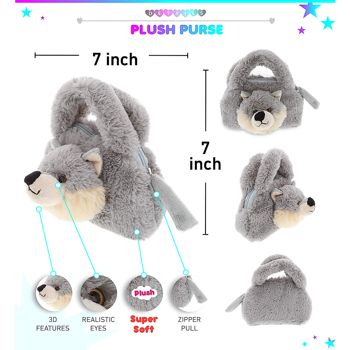 DolliBu Gray Wolf Plush Handbag - Super Soft Plush Stuffed Animal Purse for Children's Accessories, Kids Hand Bag Toy Purse, Pretend Play, Fluffy Dress Up Toy Purses for Girls & Boys