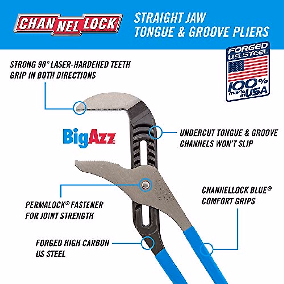 Channellock 480 BIGAZZ Tongue and Groove Pliers | 20.25-Inch Straight Jaw Groove Joint Plier | 5.5-Inch Jaw Capacity | Laser Heat-Treated 90° Teeth| Forged High Carbon Steel | Made in USA