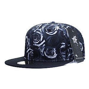 Quanhaigou Premium Floral Black White Rose Twill Adjustable Snapback Hat Hip-Hop Flat Peaked Baseball Caps
