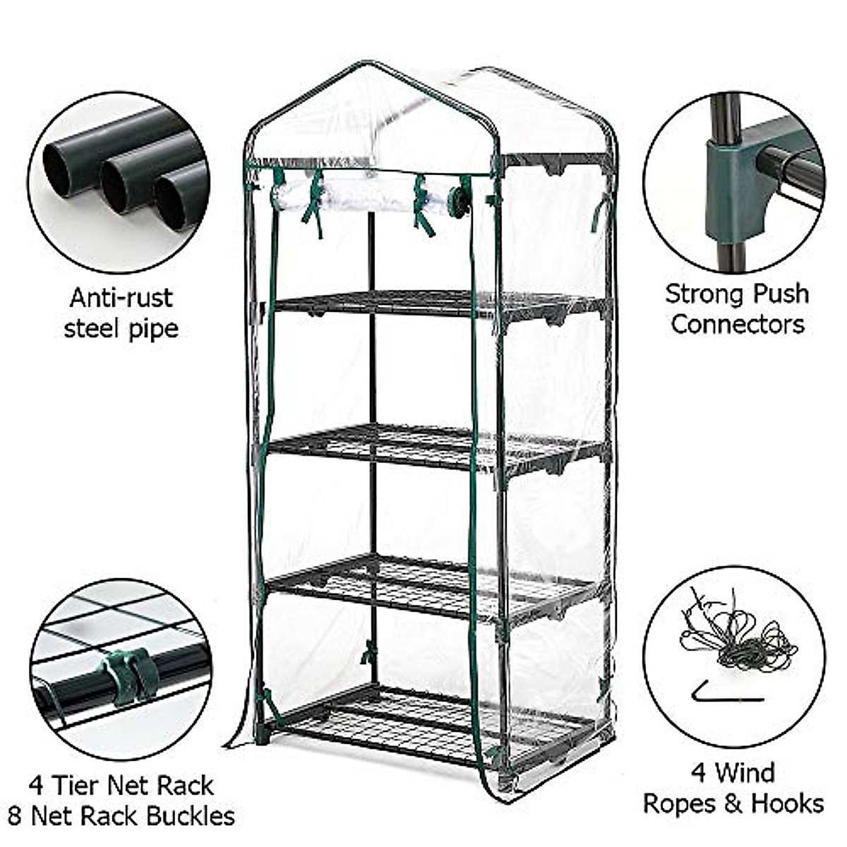 Greenhouse 4 Tier Mini Greenhouse 63x28x20 in Portable Garden Green House, with Zippered PVC Cover, Metal Shelves for Garden Yard Patio Indoor Outdoor, Extra Hooks Wind Ropes 8 Net Rack Buckles