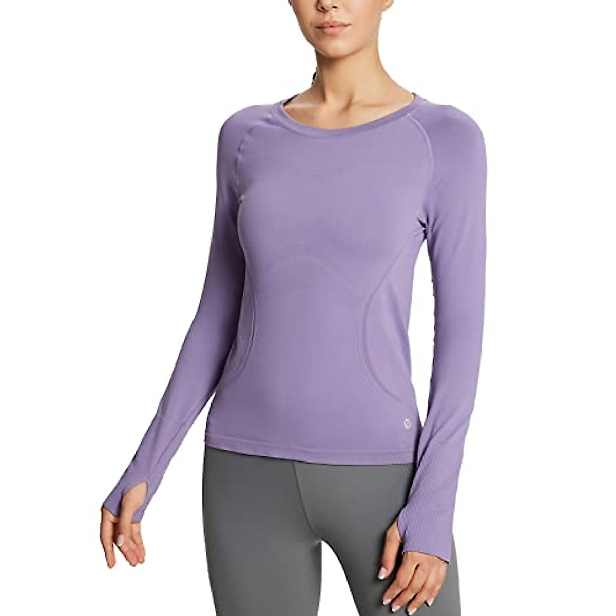 BALEAF Women's Long Sleeve Workout Athletic Seamless Shirts Tight Yoga Running Gym Fitted Tops with Thumb Holes Purple S