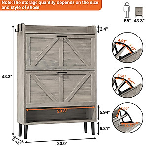 HOMEFORT Shoe Storage Cabinet for Entryway, Slim Shoe Organizer with Two Flip Drawers, Narrow Shoe Rack Cabinet with Wood Legs, Farmhouse Hidden Shoe Cabinet for Foyer, Front Door Entrance,Washed Gray