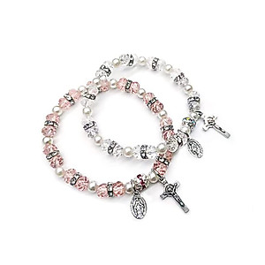 Crystal Cross Bracelet Elastic Beads Stretch Rosary Bracelet with Crucifix and Miraculous Medal for Women