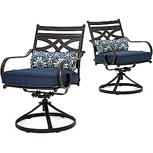 Hanover Montclair 7-Piece Steel Patio Dining Set with 6 Swivel Rockers, Navy Blue Cushions and Stamped Steel 40"x 67" Rectangular Dining Table, Outdoor Dining Set for 6, All Weather Patio Furniture