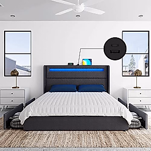 LUXOAK Queen LED Bed Frame with Wingback Headboard, Upholstered Platform Bed with 4 Storage Drawers & Charging Station, App/Remote Control, Box Spring Optional, Dark Grey…