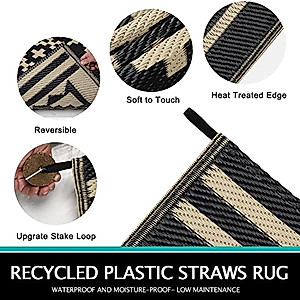 Capslpad Outdoor Rug 4'x6' Waterproof Plastic Straw Patio Rug Reversible Mat UV Resistant Outdoor Area Rug for Patio Backyard Terrace Deck Beach Picnic Balcony BBQ,Black and Beige