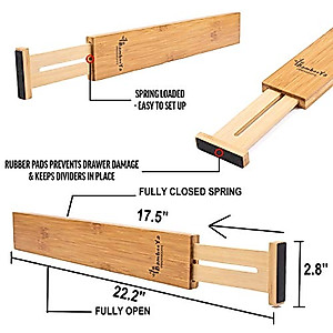 BambooYa Adjustable Premium Bamboo Drawer Divider Organizers | Expandable Spring-Loaded Drawer Separators | Best for Bathroom, Kitchen, Office, Dresser, and Bedroom | (4 Pack, Fully Closed 17.5in" - Fully Open 22.2"in) Made for larger drawers