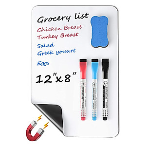 MaxGear Small Magnetic Dry Erase Board Sheet for Refrigerator, Fridge Whiteboard for Kitchen, 12"x8" White Board Organizer and Planner with Stain Resistant Technology, Include 1 Eraser, 3 Markers