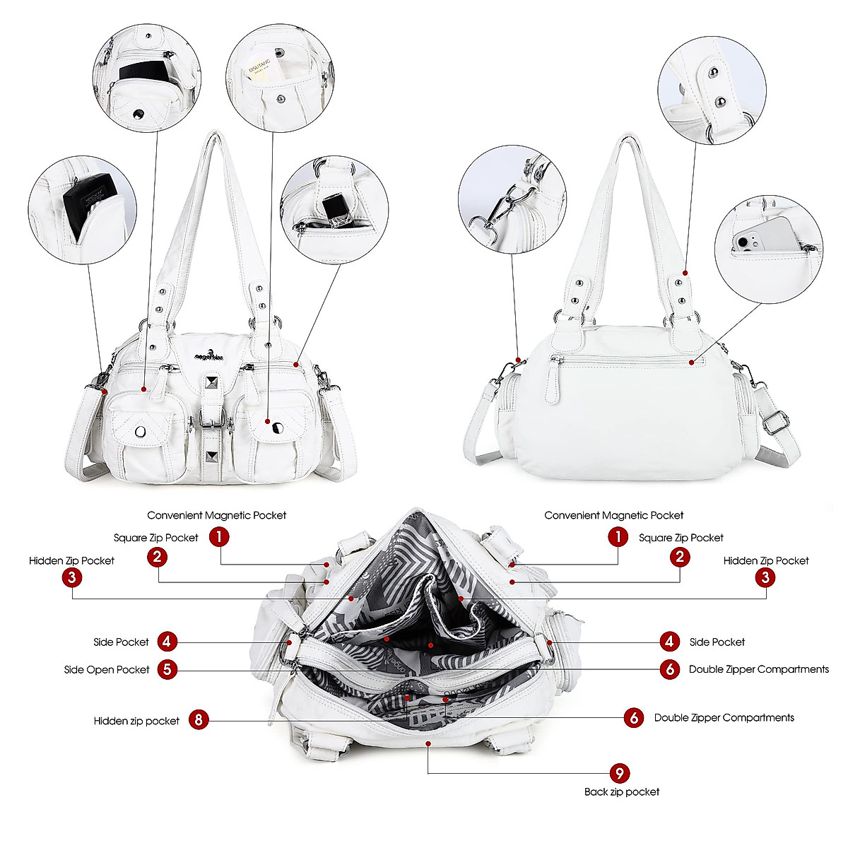 Angel Kiss Hobo Crossbody Purses for Women Shoulder Bag Multipocket Soft Hobo Purses Removable Strap Leather Handbags