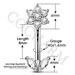 COCHARM Flower 14G Belly Button Ring Silver Small Belly Rings for Women Short Bar Curved Barbell Hypoallergenic Clear CZ Belly Navel Piercing Jewelry