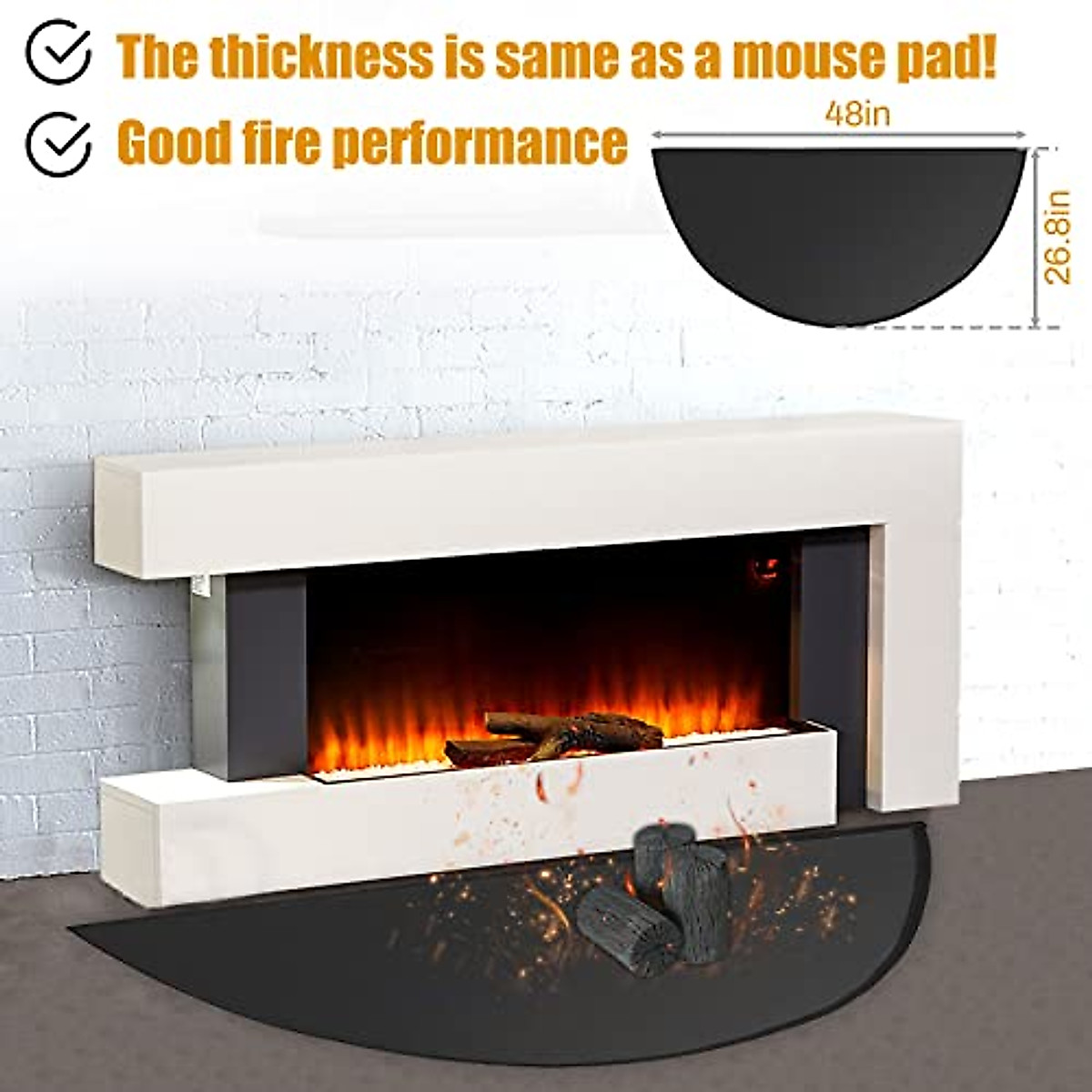 Fireplace Mat Fire Resistant, Wood Burning Stove Floor Protector, Fireproof Hearth Rug Protect Floors from Sparks Embers, 42x24 Inch Half Round