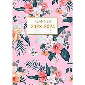 Planner July 2023-2024 June: A4 Large Notebook Organizer with Hourly Time Slots | Orchid with Tropical Flower Design Pink