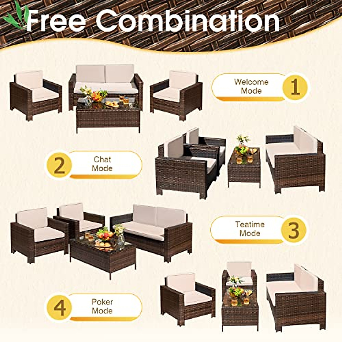 Greesum 4 Pieces Patio Furniture Sets, Wicker Rattan Sofa Chair with Soft Cushions and Sturdy Coffee Table, Outdoor-Indoor Use for Backyard Porch Garden Poolside Balcony, Beige and Brown