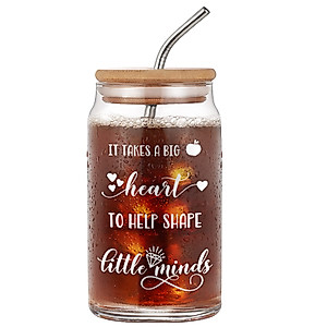 ICOONEY Teacher Appreciation Gifts Drinking Glass - Teacher Gifts for Women - Thank You Gifts for Best Teacher - 15 Oz Teacher Birthday Gift Beer Can Glass Cups with Lids and Straws