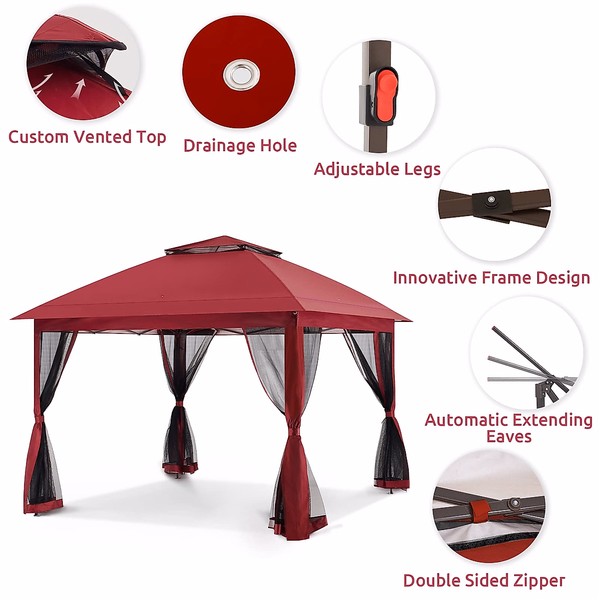 UDPATIO 11'x11' Pop up Gazebo Canopy Tent, Outdoor Patio Waterproof Gazebo with Mosquito Netting for Lawn, Garden, Backyard and Deck, Red