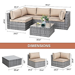 Walsunny Patio Furniture Set, 5 Pieces Outdoor Sectional Sofa Wicker Conversation Sets with Tea Table and Patio Couch Cushions(Khaki)