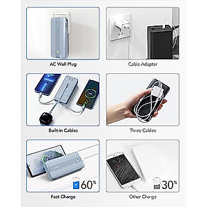 VRURC Portable Charger, 22.5W Fast Charging Power Bank with Built-in Cables & AC Wall Plug, 10000mAh Battery Pack(QC4.0 PD3.0), USB C with 4 Output 2 Input, Compatible with iPhone Samsung etc - Blue