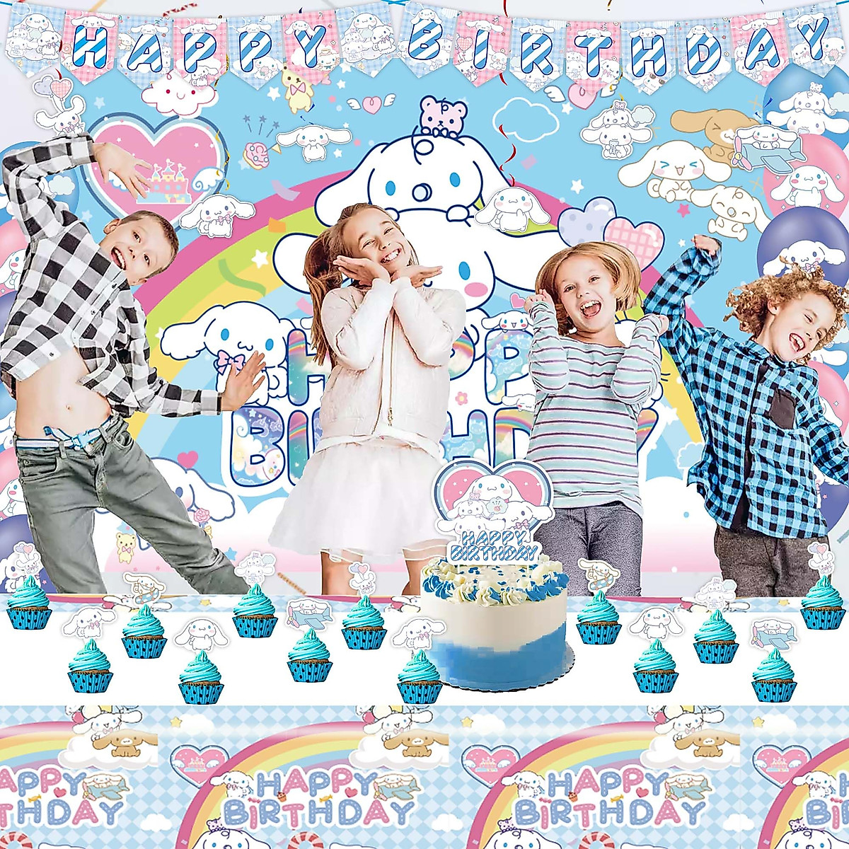 Kawaii Birthday Party Supplies Decorations Include Happy Birthday Banner, Balloon, Backdrop, Tablecloth, Hanging Swirls for Girls Birthday Party Supplies