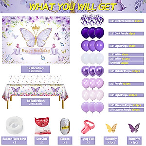 Butterfly Birthday Party Decorations Girls - 124PCS Butterfly Party Supplies, Balloon Arch/ Garland Kit, Butterfly Backdrop, Tablecloth, Latex Balloons, Metallic Balloons, 3D Butterfly Wall Decors