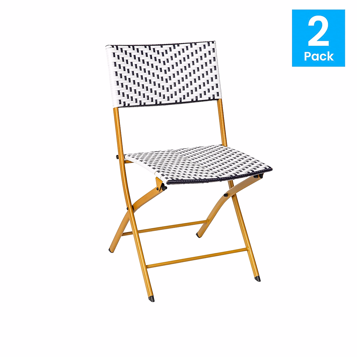 EMMA + OLIVER Ciel Two Piece Folding Bistro Chairs - Navy and White PE Rattan - Natural Finish Metal Frames - Indoor/Outdoor Use