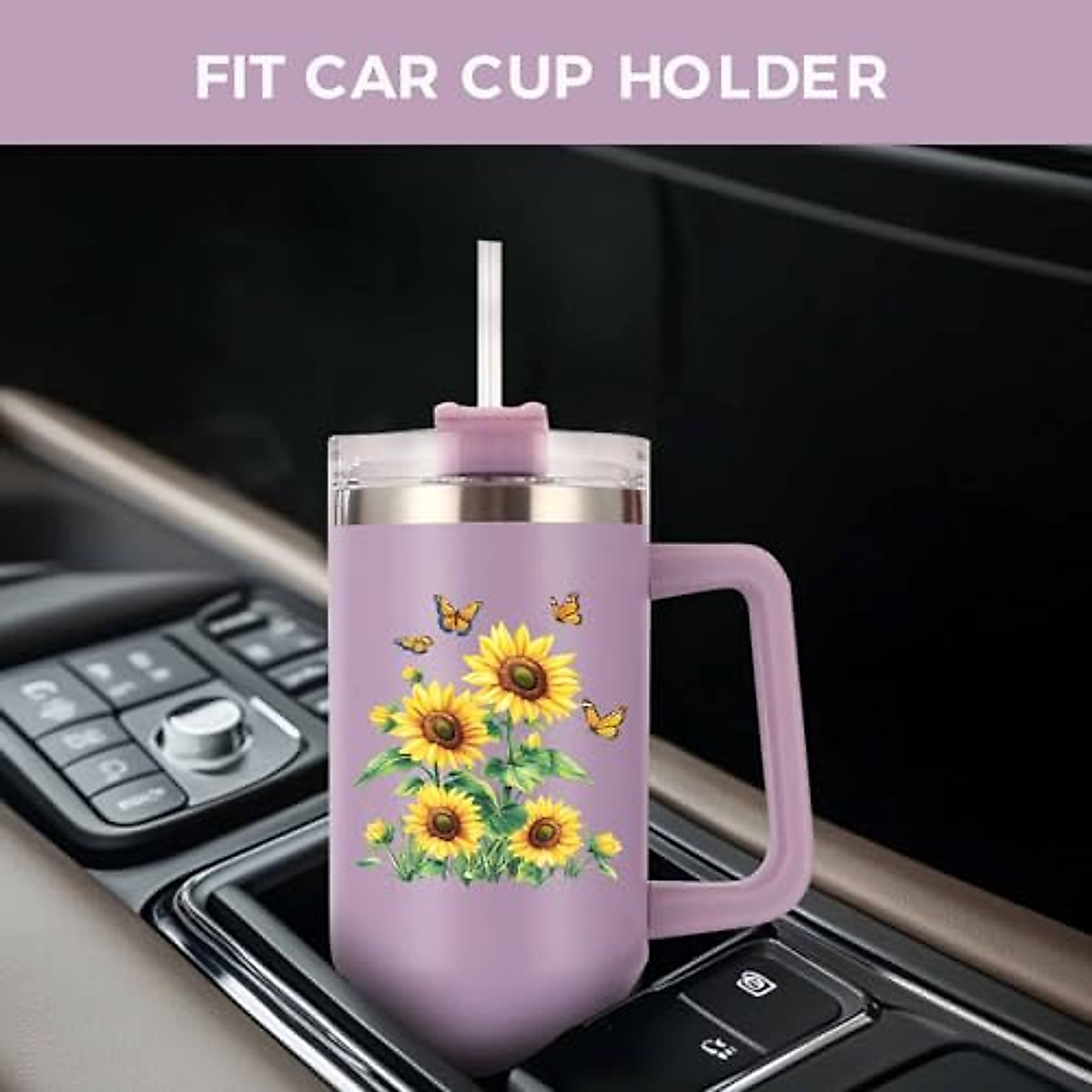 LB LEOBON 40 ounce insulated cup with handle, double-layer vacuum stainless steel material, equipped with straw, can keep warm or maintain cold drinks Spring Sunflower Butterfly Fragrant taro purple