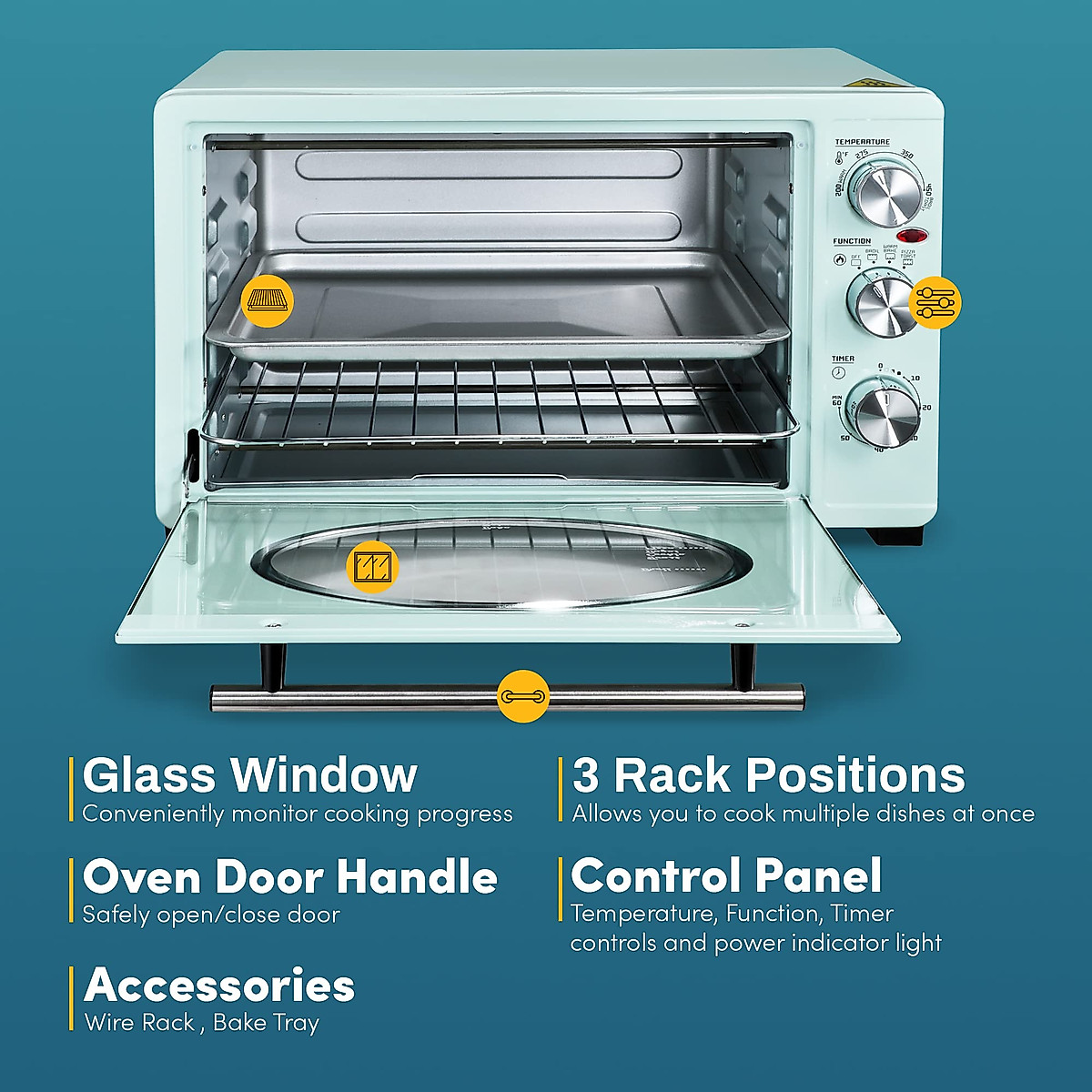 Elite Gourmet Americana by Elite ETO3300M Vintage 50’s Diner Retro Countertop Toaster oven, Bake, Broil, Toast, Fits 12” Pizza, Temperature Control & Adjustable 60-Minute Timer 1500W, 8-slice, Mint