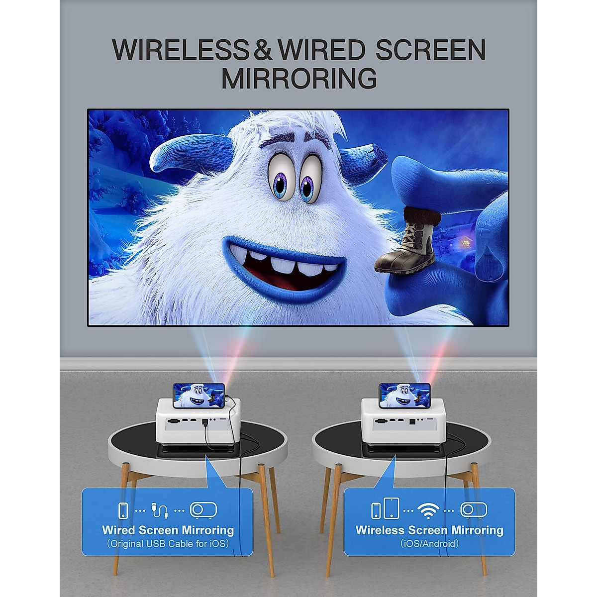 Projector, ROVOMKO Projector with WiFi and Bluetooth 4K Support, 13000 Lumens,2.4G&5G Two-Channel WiFi, Max Display 350", Home Projector Compatible w/iOS/Android/Win/PS5,Carry Bag Included