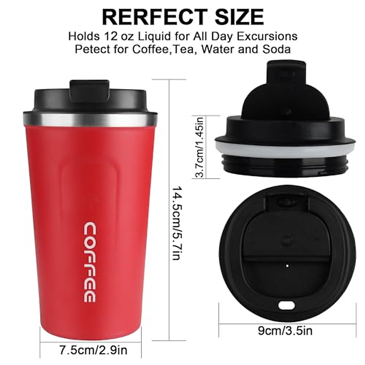 12 oz Stainless Steel Vacuum Insulated Tumbler - Coffee Travel Mug Spill Proof with Lid - Thermos Cup for Keep Hot/Ice Coffee,Tea and Beer （Red）