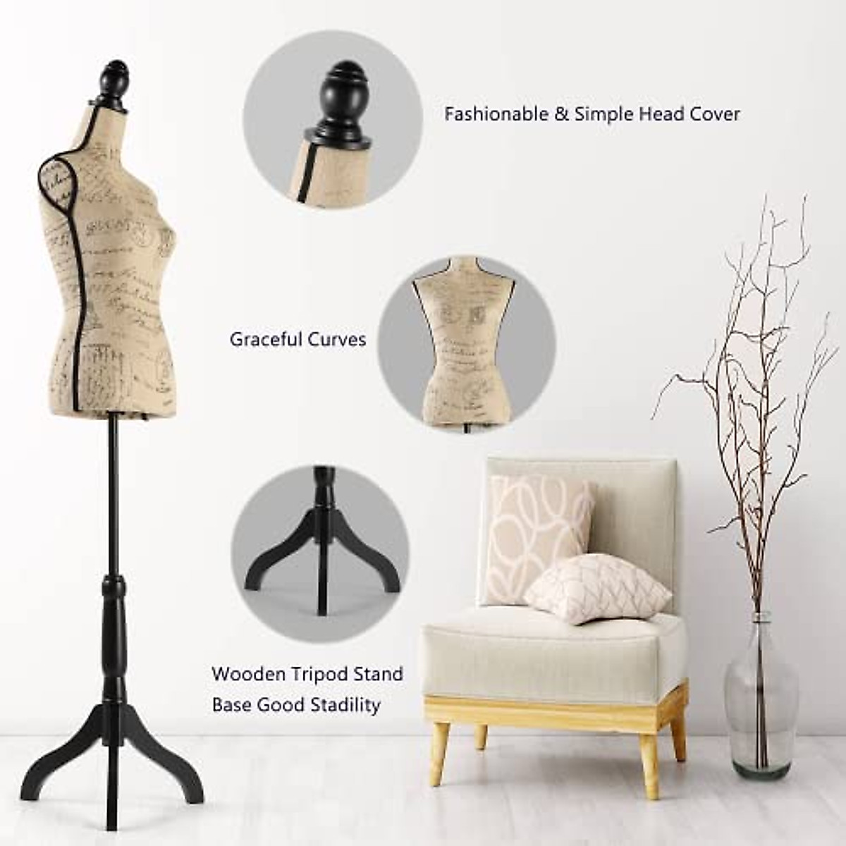 Encomle Dress Form Female Mannequin Torso, Height Adjustable Mannequin Body with Stand for Sewing, Display, Brown