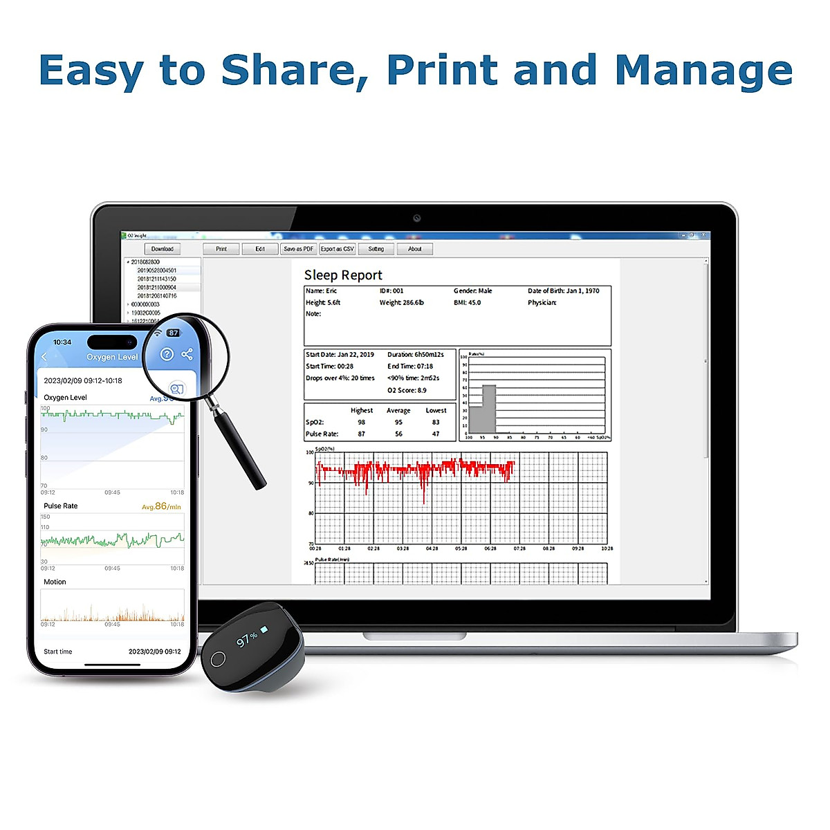 Wellue O2Ring Oxygen Monitor with Vibration Reminder -Bluetooth O2 Pulse Oximeter Rechargeable, Continuous Recording of SpO2 & PR, Blood Oxygen Saturation Tracker with Free APP & PC Reports
