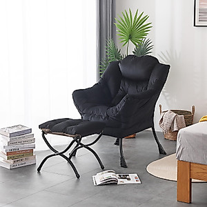 LITA Lazy Chair with Ottoman, Modern Accent Leisure Upholstered Sofa Chair, Contemporary Lounge Reading Chair with Armrests and a Side Pocket for Living Room, Bedroom & Small Space, Black