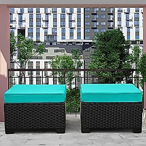 Rattaner Patio Furniture Outdoor Ottomans for Patio 2 Pcs Patio Ottoman Set Outdoor Furniture Outdoor Foot Rest for Patio Anti-Slip Cushions and Waterproof Cover, Turquoise