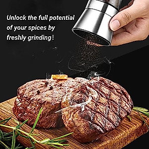 Salt and Pepper Grinder Set, Trofoty Stainless Steel Sea Salt & Pepper Grinder Refillable Set, Manual Adjustable Ceramic Salt and Pepper Grinders, Clear Glass Metal Pepper Mill Set - 2 Pack