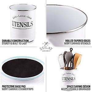 Zulay Large Utensil Crock Storage Organizer - Kitchen Utensil Holder For Countertop With Padded Base - Large Utensil Holder With Rustic Farmhouse Design For Home & Kitchen Decor (White)