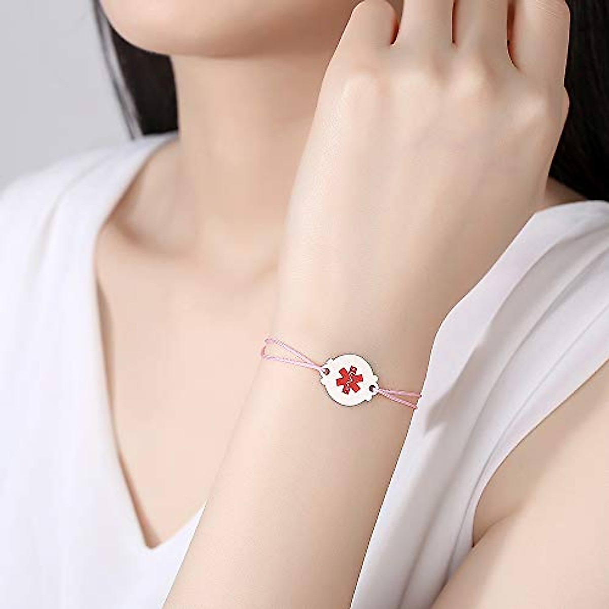 LinnaLove Medical Alert Bracelet for Women Adjustable Handmade Cord Medical ID bracelets with personalized Customize engraved-Black