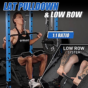 ER KANG Power Cage, Power Rack with LAT Pulldown, Multi-Functional Squat Rack, Squat Cage with More Training Attachments for Home Gym(Blue)