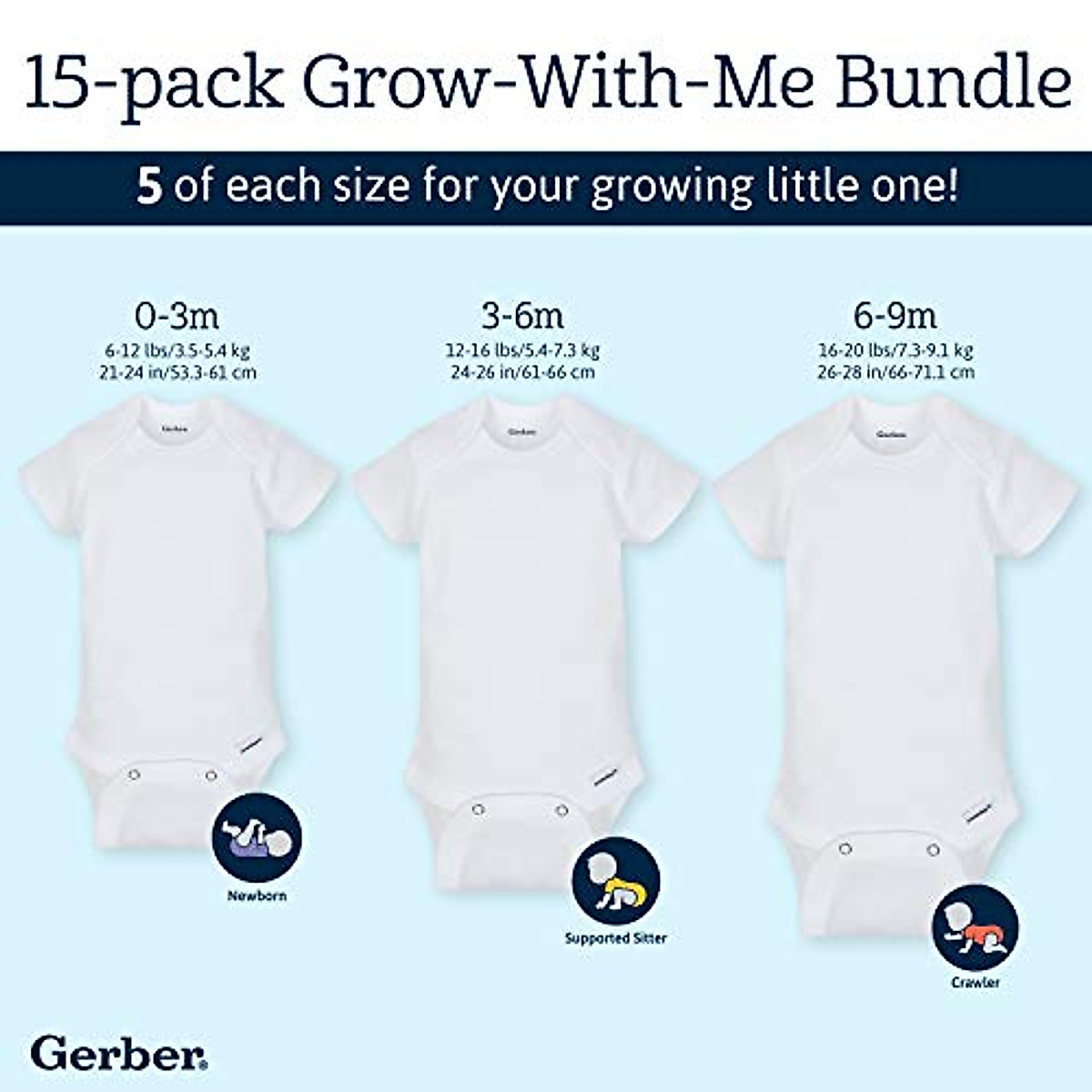 Gerber Baby 15 Piece Onesies Bodysuit Multi Size Pack, White, (0-3M, 3-6M, 6-9M)