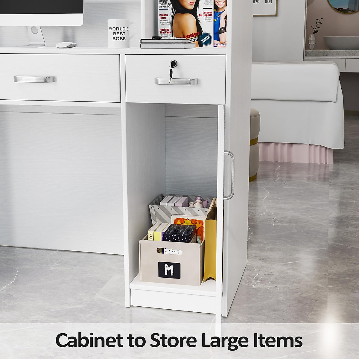 OmySalon Modern Reception Desk, Front Desk Counter with Lockable Drawers and Moveable Shelves, Receptionist Desk Retail Checkout, for Lobby Beauty Salon Office, White (47.2”W x 18.9”D x 43.7”H)