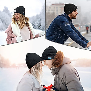 Tutuko Unisex Bluetooth Beanie Hat with Light, Built-in Speaker Mic, Headlamp Cap with Headphones, Tech Gift for Men Women Black…