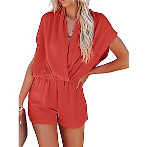 LYANER Women's Summer V Neck Wrap Ruched Front with Pockets Short Sleeve Romper Jumpsuit Red Medium