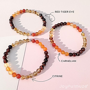 Joyfulmuze Natural Gemstones Stretch Bracelets, Carnelian Quartz, Rutilated Citrine, Red Tiger Eye Stone, Triple Protection Handmade Birthday Gift for Women and Men (Red-Tiger-Eye-Citrine-Carnelian)