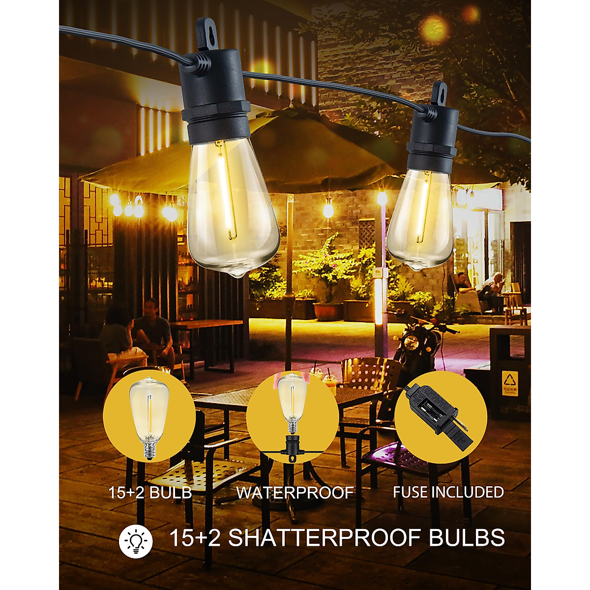 SUFEIMAS LED Outdoor String Lights Waterproof - NEW MODE 50FT Patio Lights 15+2 Vintage Shatterproof Plastic Bulbs,IP65 Edison String Lights for Outside Backyard Balcony Bistro Cafe Garden