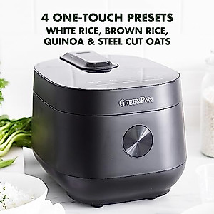 GreenPan Healthy Ceramic Nonstick Rice Quinoa Steel Cut Oats & Grains Cooker,Easy Meal Presets,4 Cups Uncooked (8 Cooked),Cool Touch,Compact,Warms, Steam,Removeable Bowl,Spatula Ladle&Cup, Matte Black