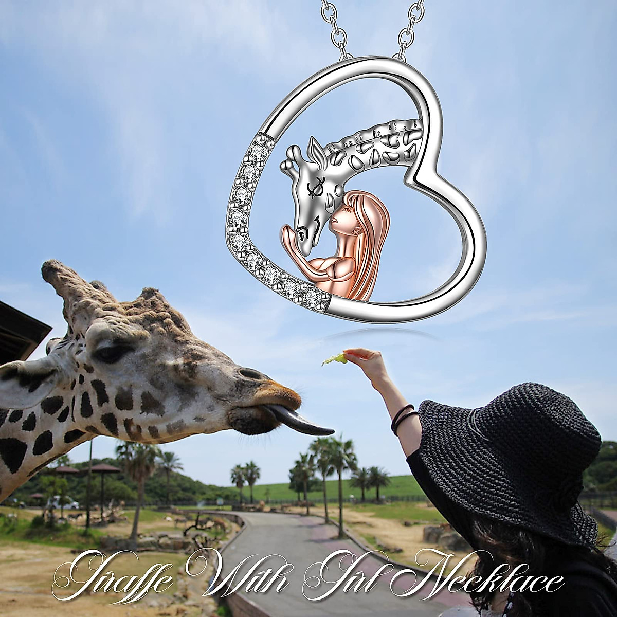 POPKIMI Sterling Silver Giraffe Necklace with Women Giraffe Charm Heart Pendant Jewelry Giraffe Gifts for Women Daughter