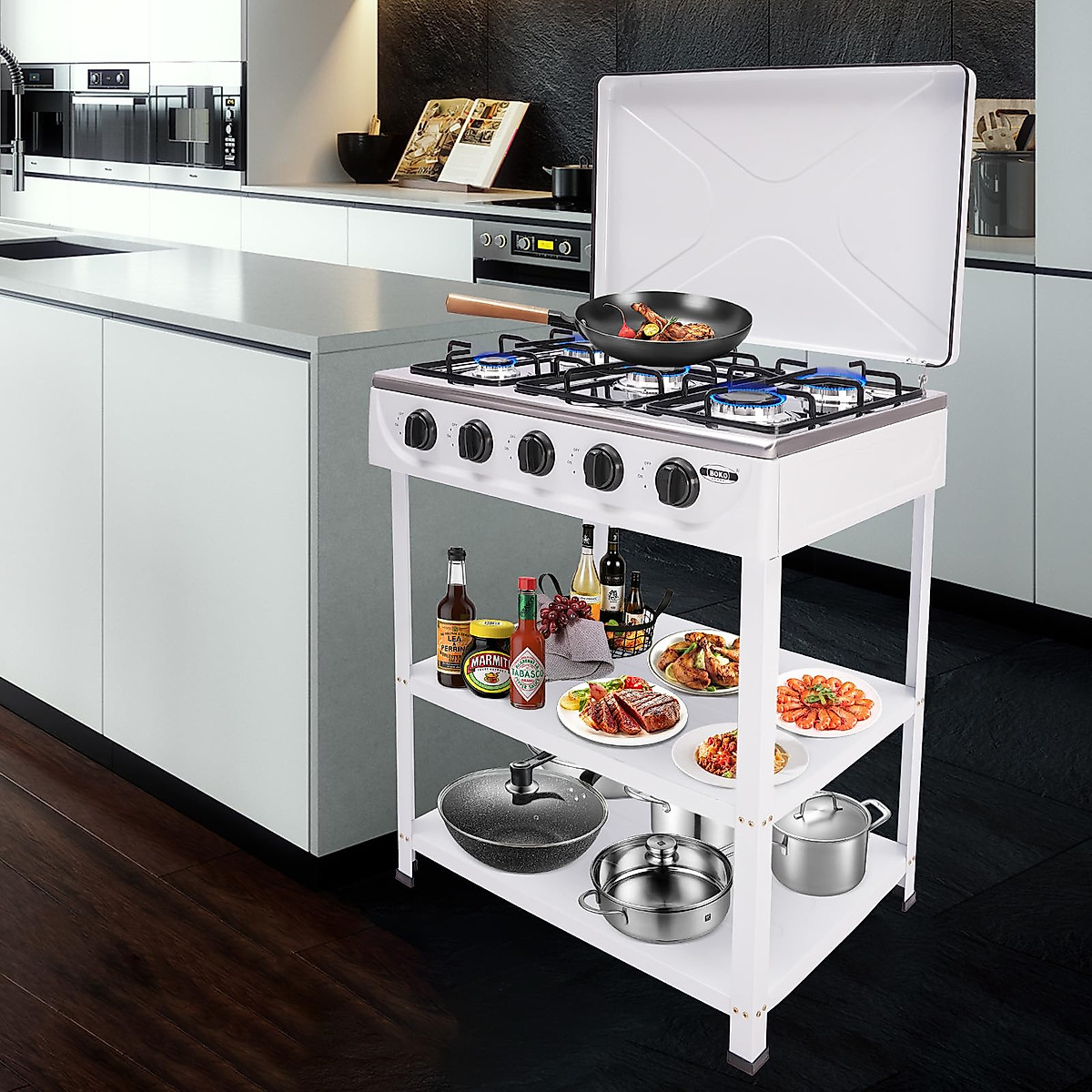 Commercial Free Standing Restaurant White Stainless Steel Gas Stove 5 Burner Gas Stove Tops Kitchen Cooking Stove Outdoor Gas Hob Vertical Split Cooktop With Shelf Adjust Fire Size for Cooking (White)