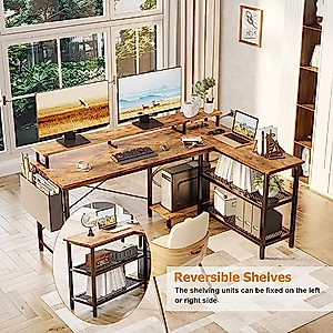 Furologee L Shaped Computer Desk with LED Lights & Power Outlet, Gaming Desk with 2 Reversible Storage Shelves, Corner Desk with 50" Monitor Stand, Writing Study Table with Cloth Bag for Home Office