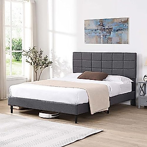 TMEOSK Queen Size Upholstered Platform Bed Frame with Fabric Headboard and Wooden Slats Support, Mattress Foundation, No Box Spring Needed for Boys Girls Teens Adults, Under Bed Storage (Gray)