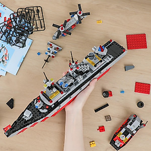 WishaLife City War Military Battleship Toy Building Blocks Set, with Army Truck Toys, Car Toys, Boat Toy, Airplane Toy, Helicopter Toy, WW2 Construction Toys Gift for Kids Boys Girls Aged 6 Plus